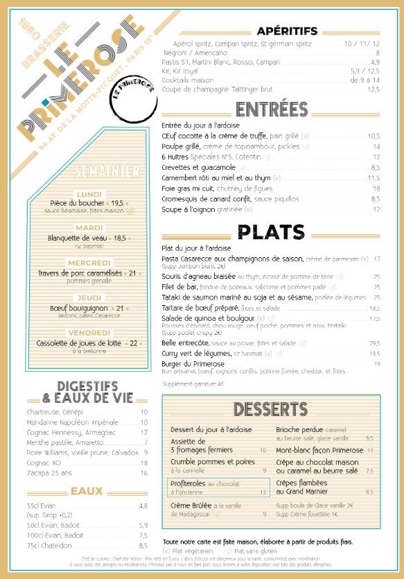 Menu au Café Primerose, Paris, 64 avenue de la Motte Picquet