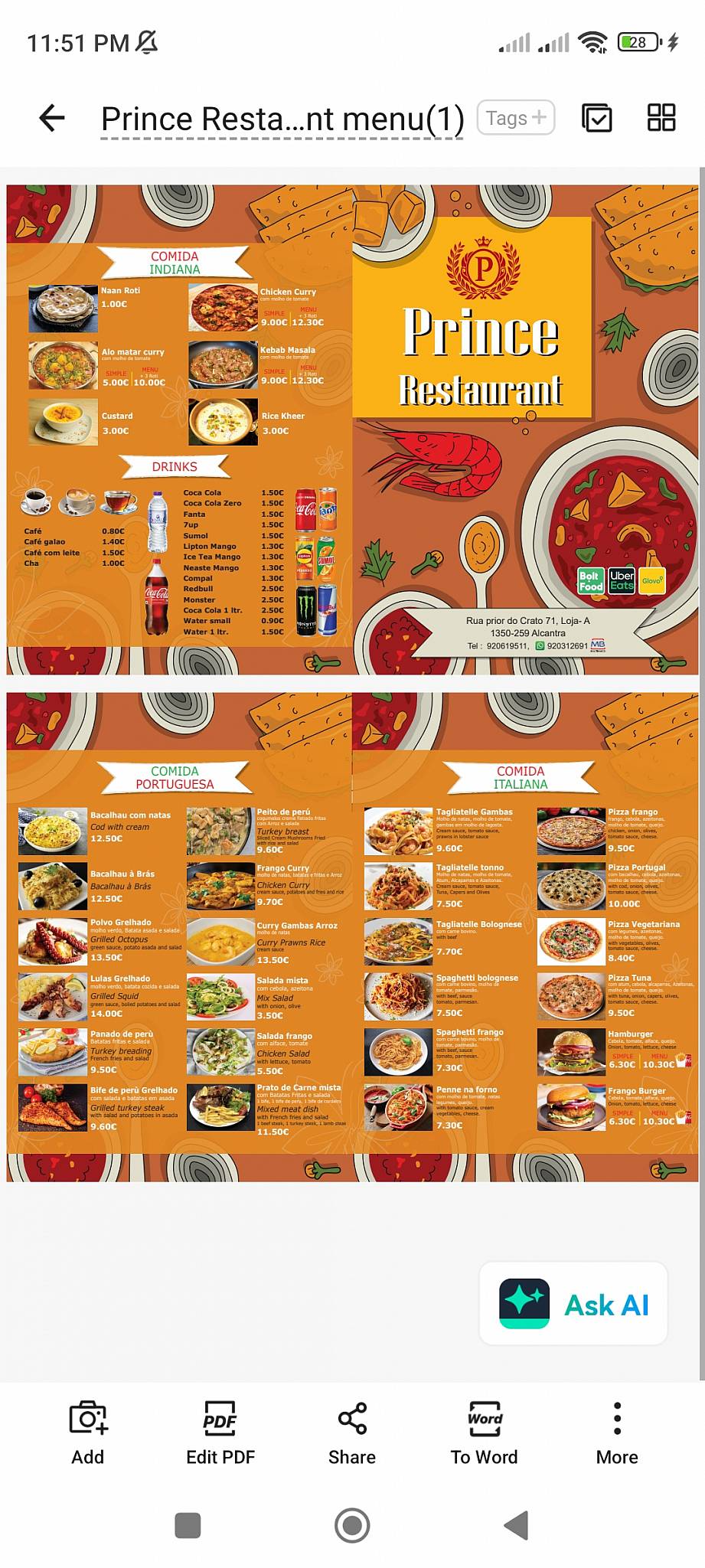 Menu at Prince Restaurant, Lisbon