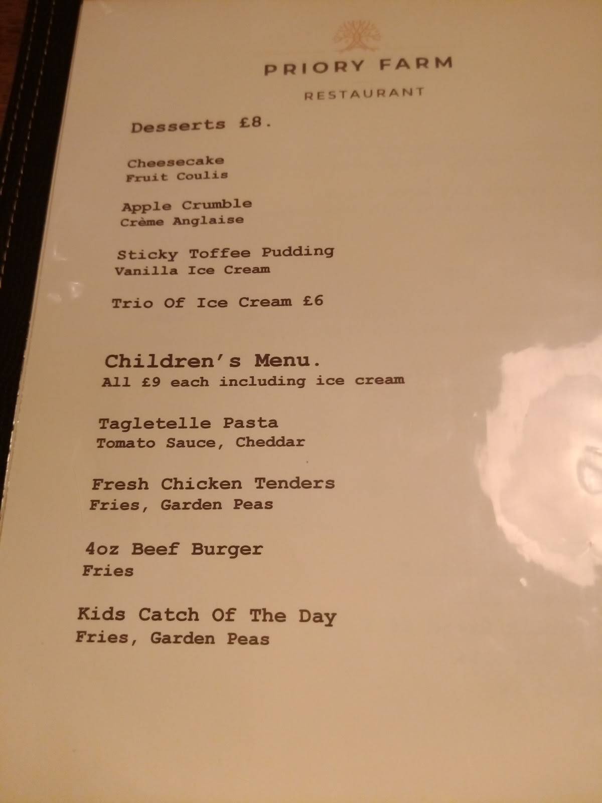Menu at Priory Farm restaurant, Belton