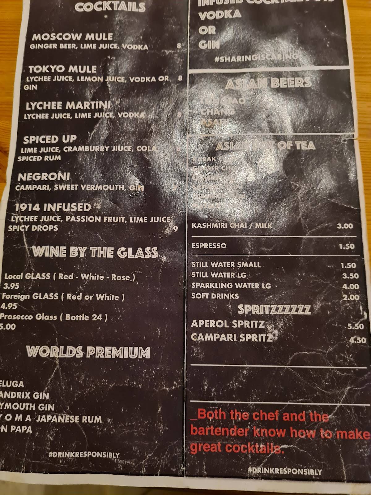 Menu at Project 1914 restaurant, Sliema