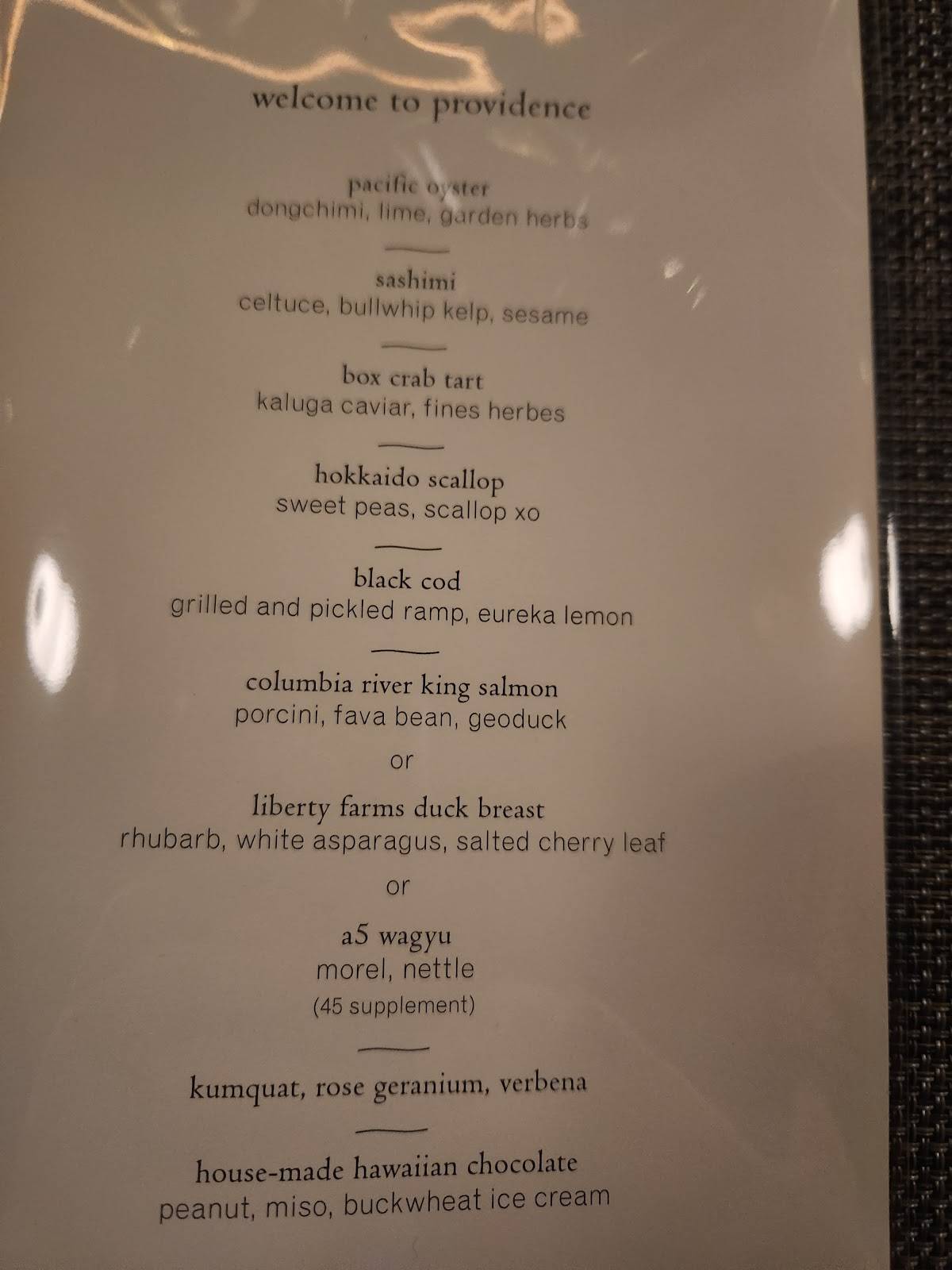 Menu at Providence restaurant, Los Angeles