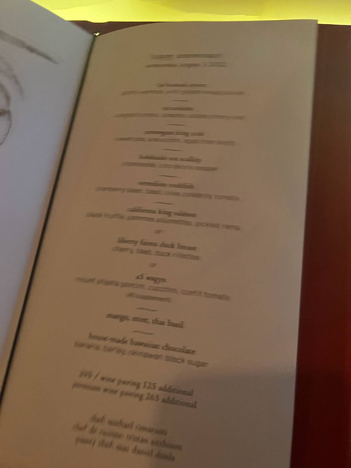 Menu at Providence restaurant, Los Angeles