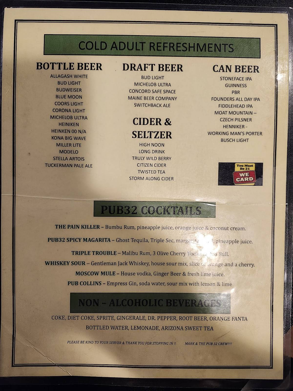 Menu at Pub 32, Lincoln