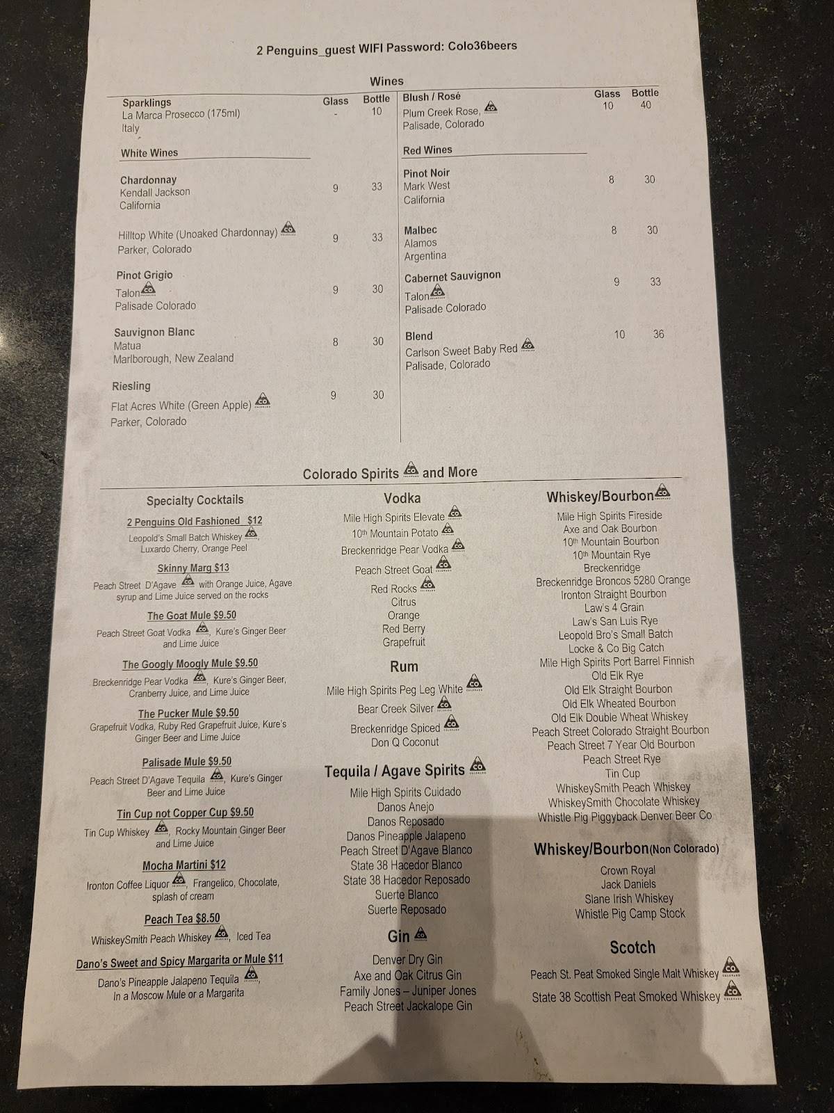 Menu at 2 Penguins Tap and Grill and Event Space pub & bar, Centennial