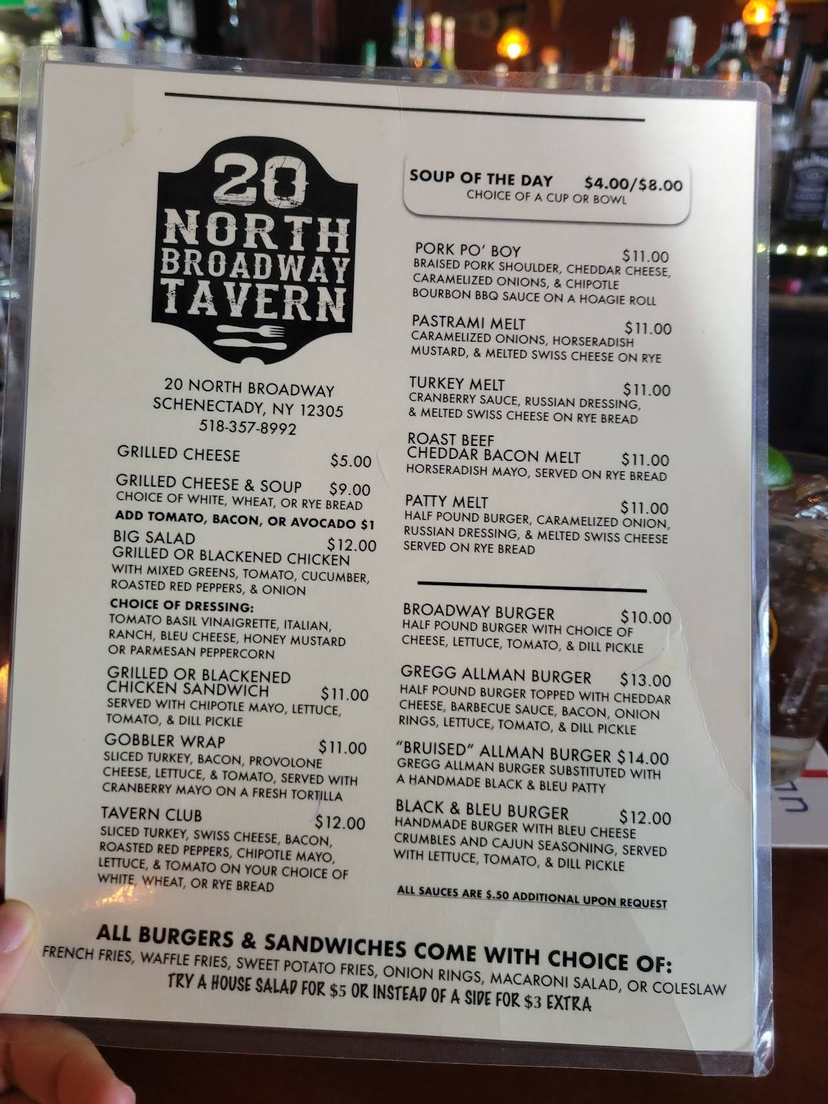 Menu at 20 North Broadway Tavern pub & bar, Schenectady