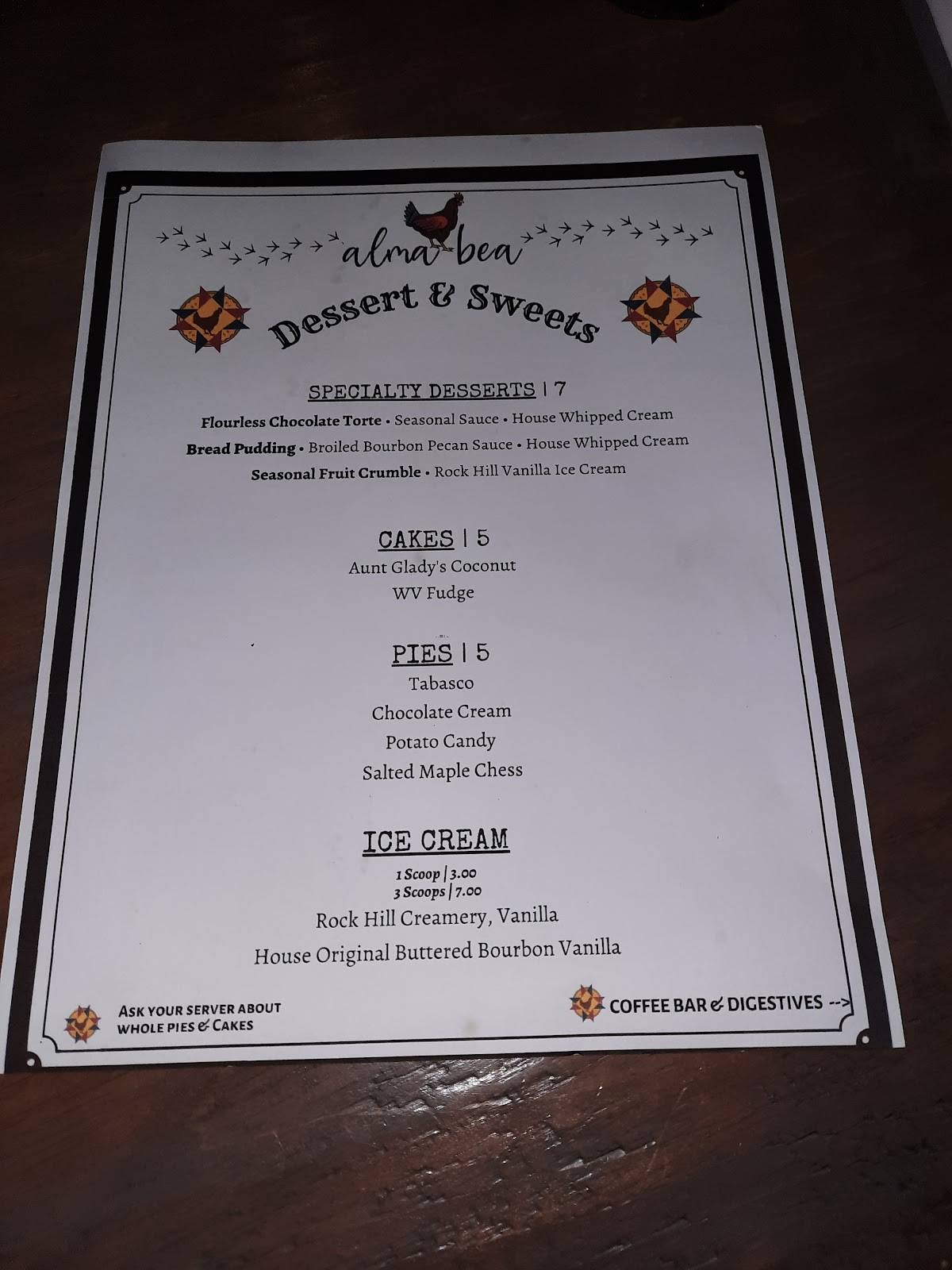 Menu at Alma Bea pub & bar, Shepherdstown