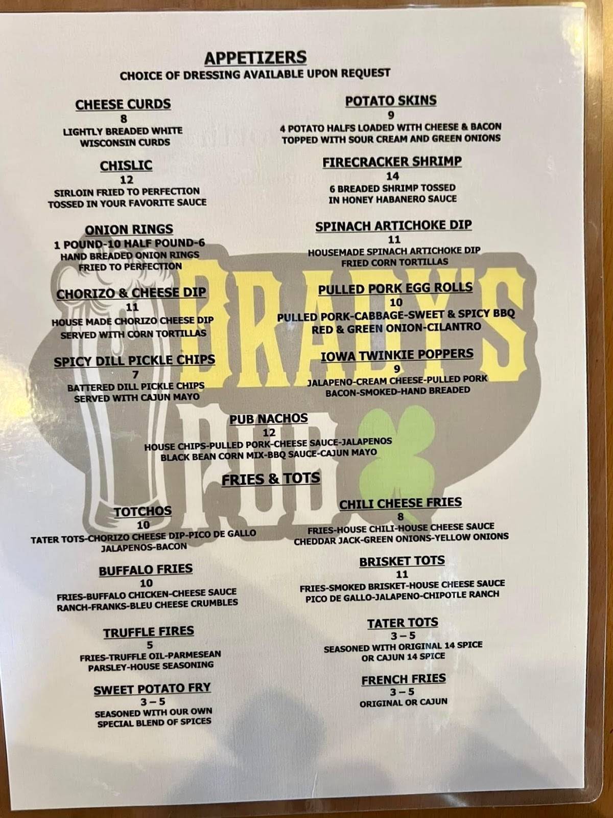 Menu at Brady's Pub, Sheldon