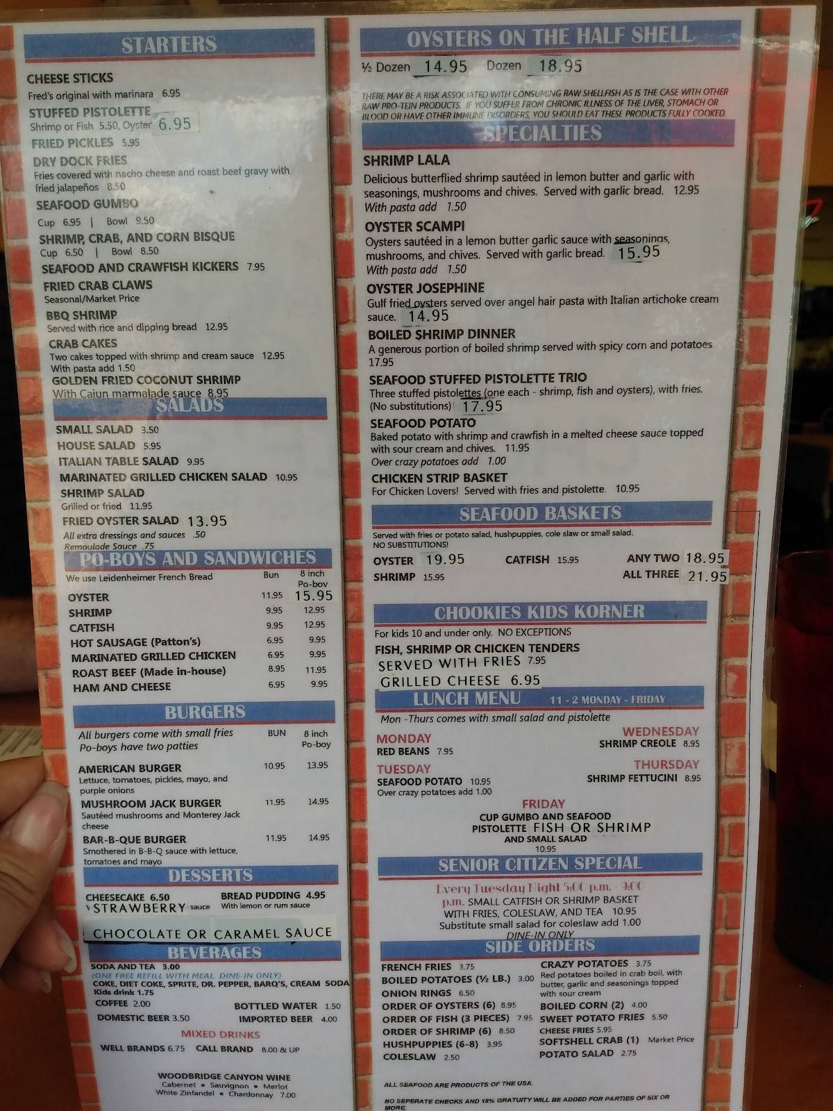 Menu at Chookies Seafood and Oyster Bar, Hammond, University Park Dr