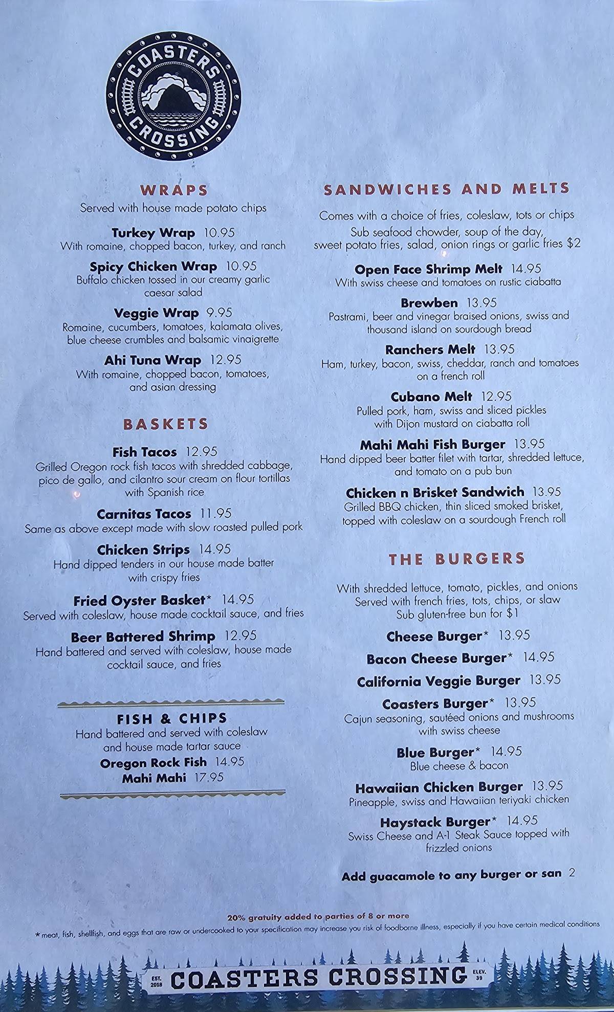 Menu at Coasters Crossing pub & bar, Oregon City
