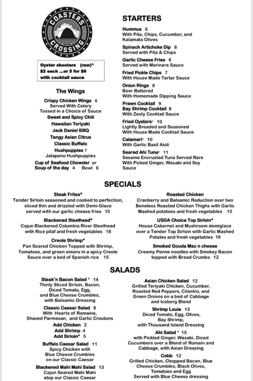 Menu at Coasters Crossing pub & bar, Oregon City