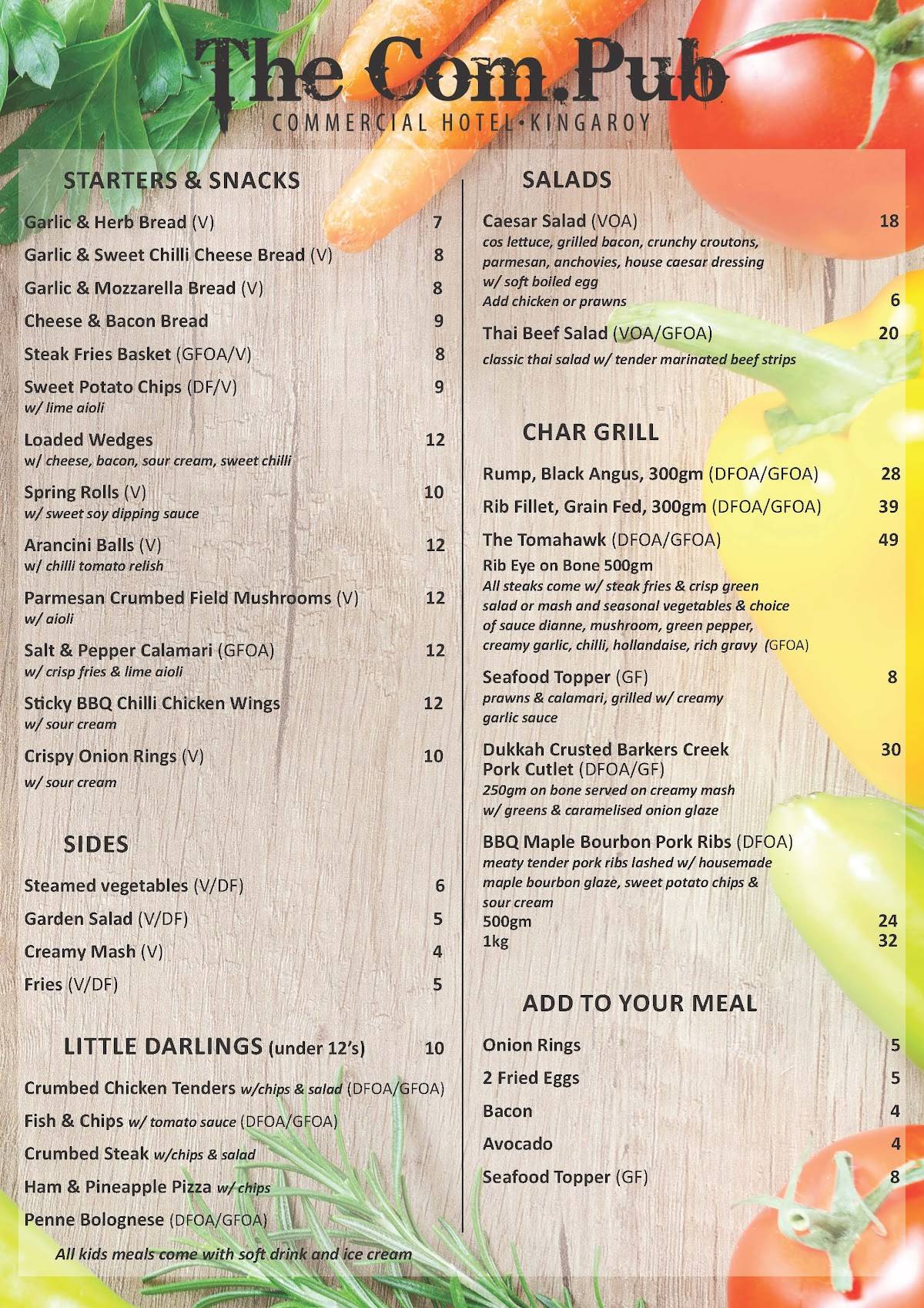 Menu at Commercial Hotel Kingaroy pub & bar, Kingaroy