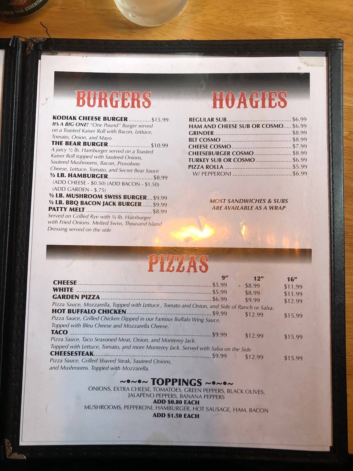 Menu at Crippled Bear Inn pub & bar, Williamsport, Lycoming Creek Rd