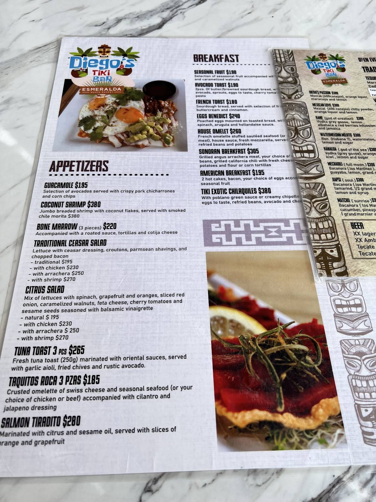 Menu at Diego's Tiki Bar, Puerto Peñasco, Blvd. Paseo de la Duna