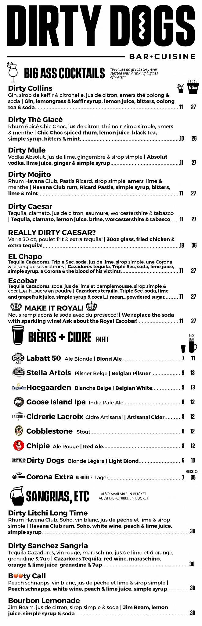 Menu au Dirty Dogs Bar, Montréal, Saint Denis St