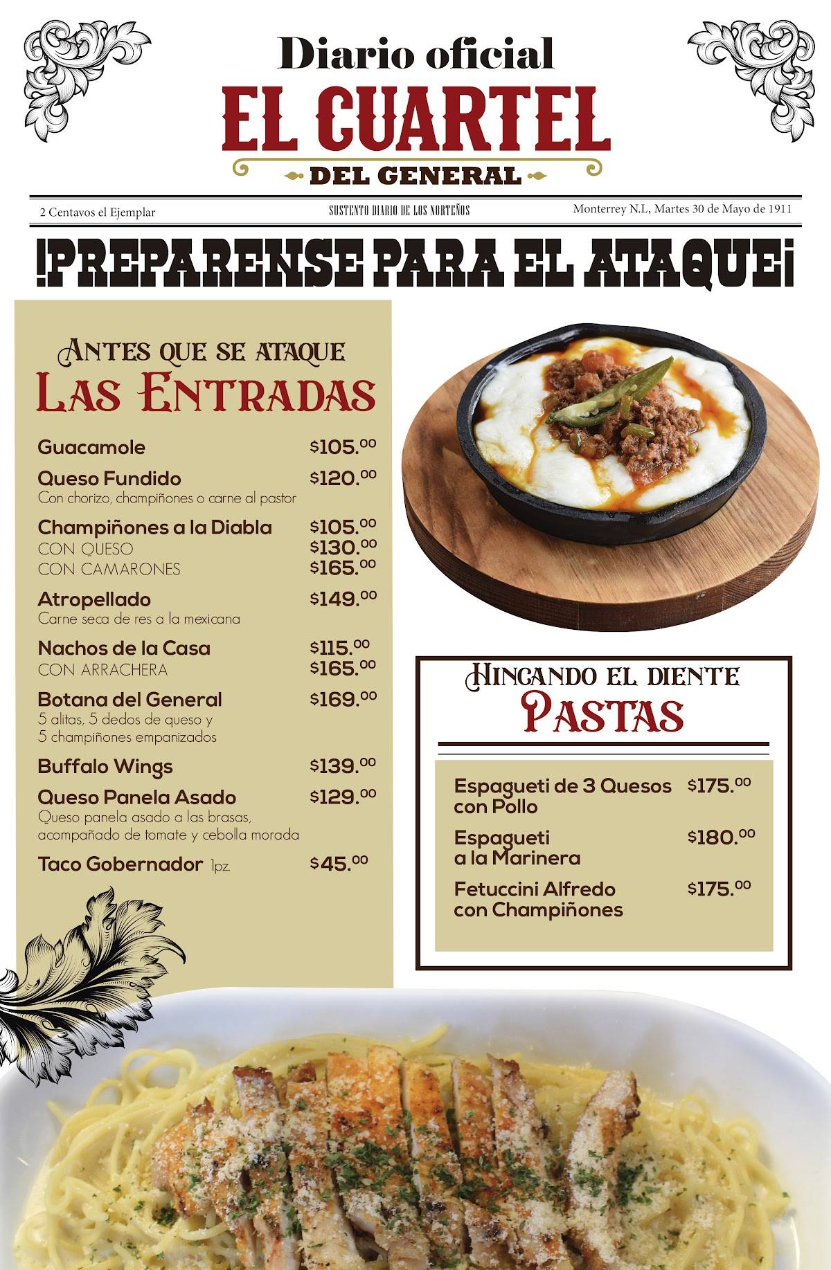 Carta del pub y bar El Cuartel del General Sendero La Fe, Apodaca