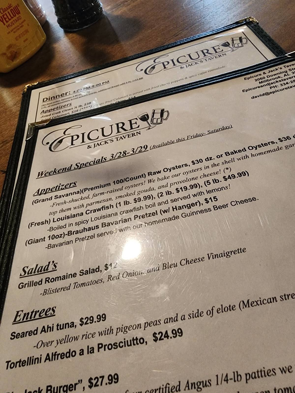Menu at Epicure and Jacks Tavern pub & bar, Millbrook