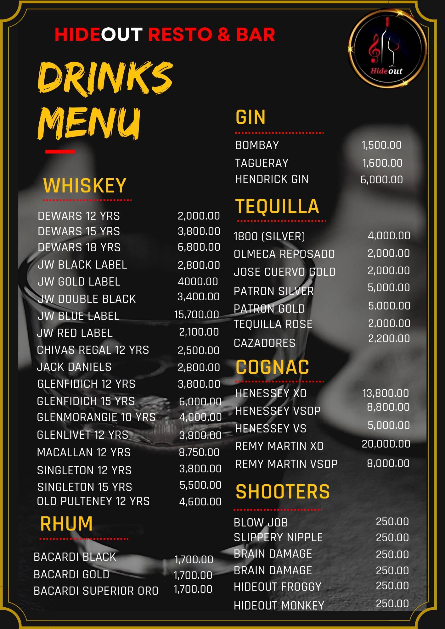 Menu at Hideout Resto & Bar, Quezon City