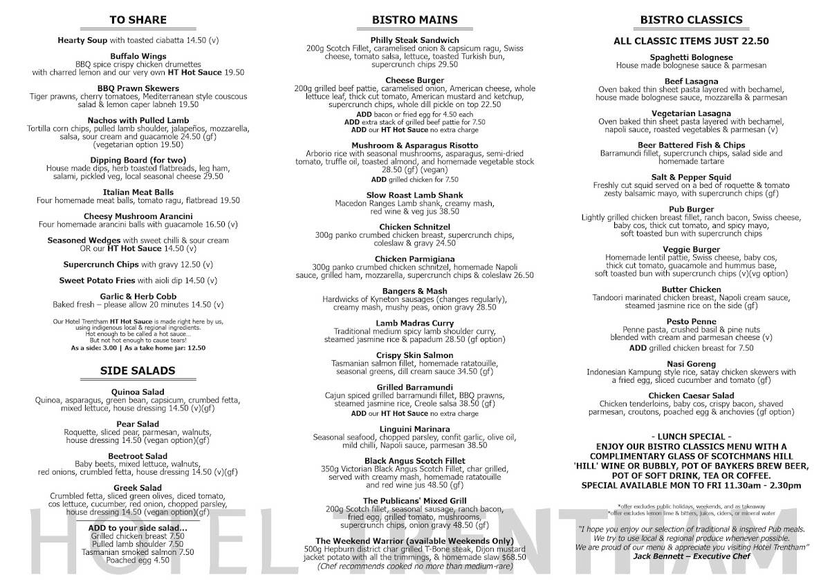Menu at Hotel Trentham pub & bar, Trentham