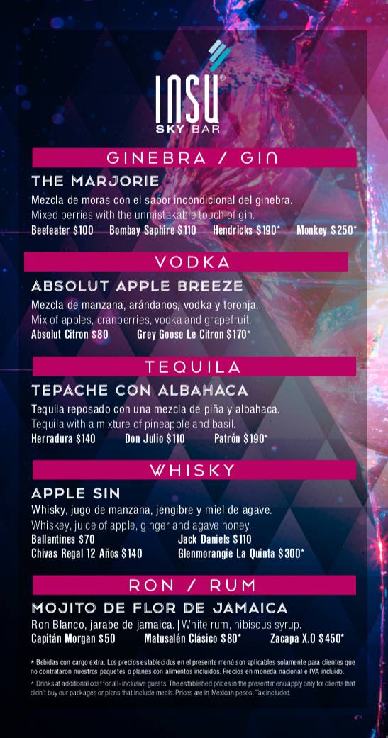 Menu at Insu Sky Bar, Nuevo Vallarta