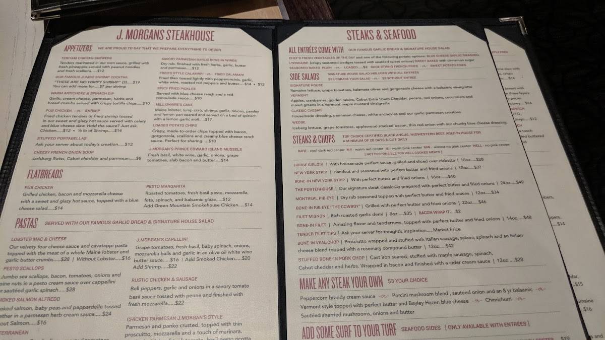 Menu at J Morgan's Steakhouse, Montpelier