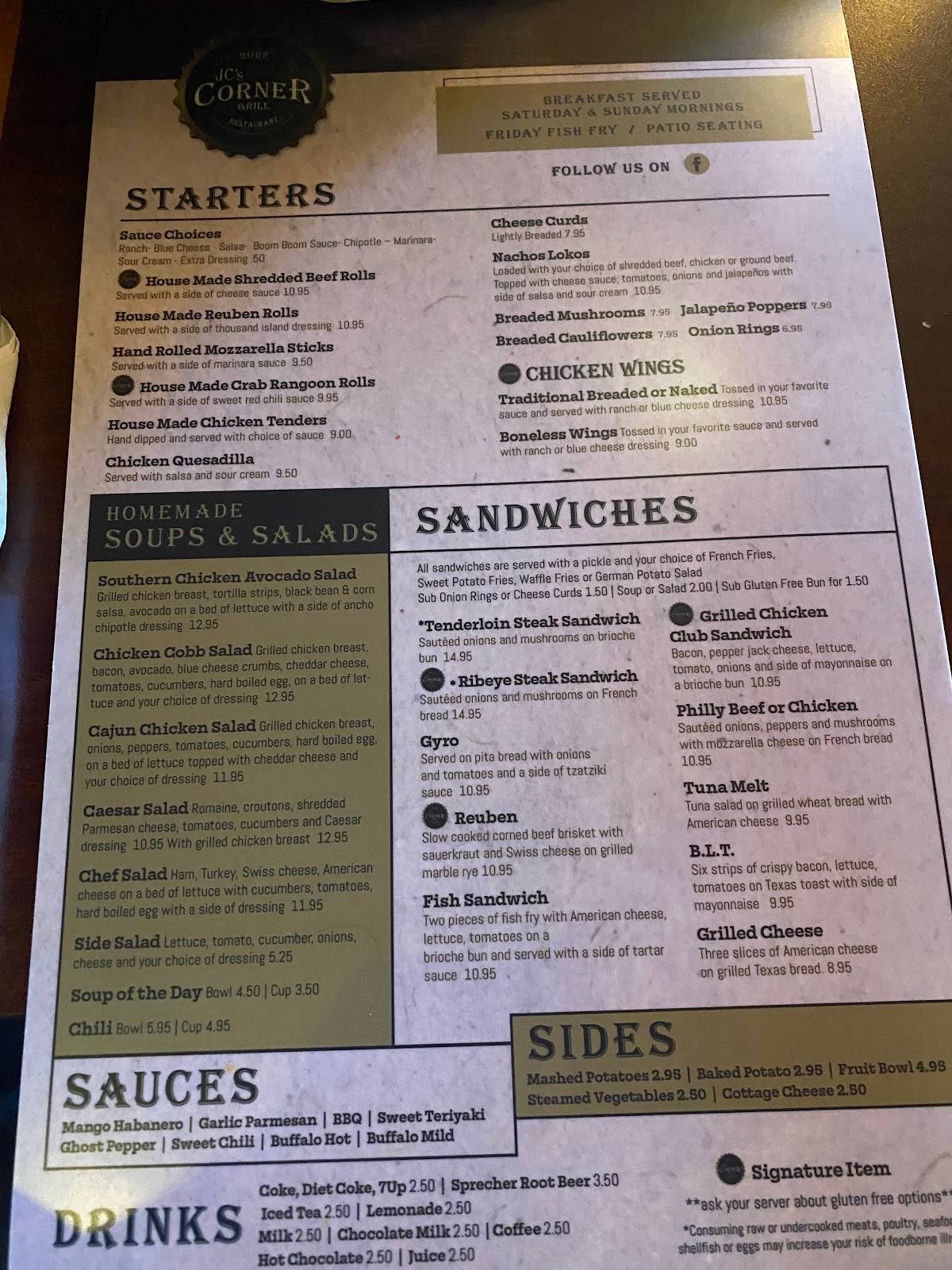 Menu at JC's Corner & Grill restaurant, Hartford