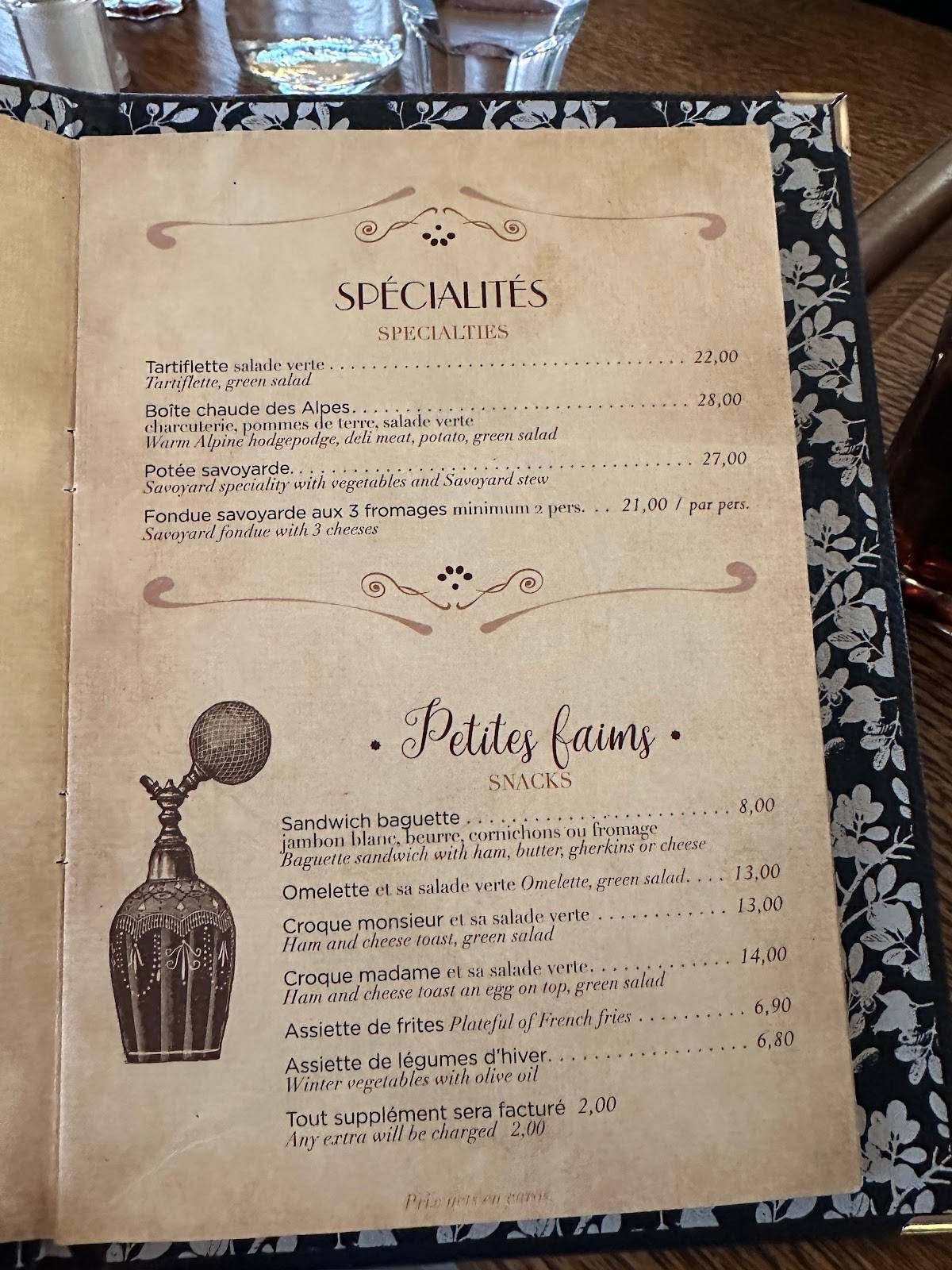 Menu at Josephine Restaurant, Chamonix