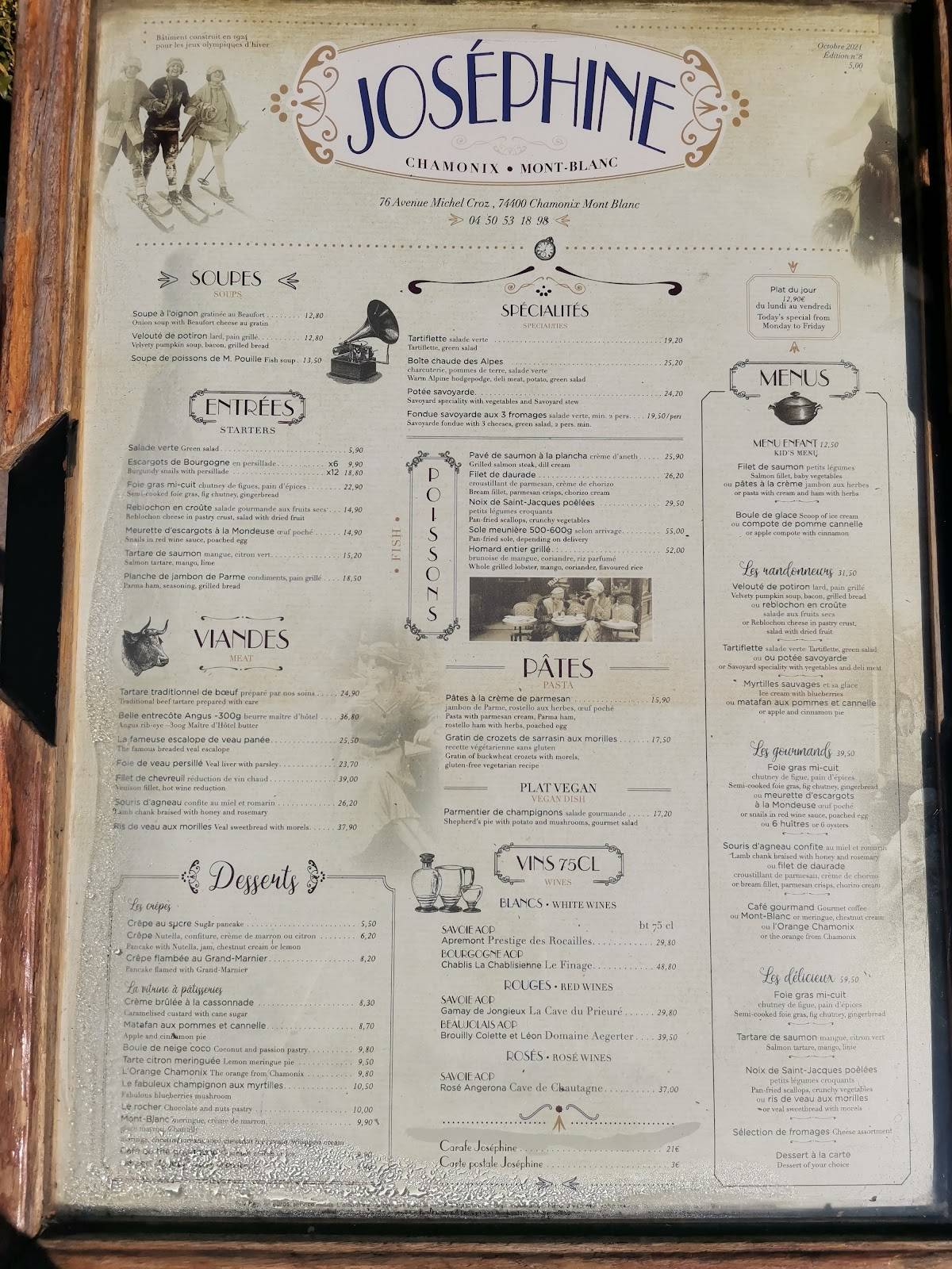 Menu at Josephine Restaurant, Chamonix