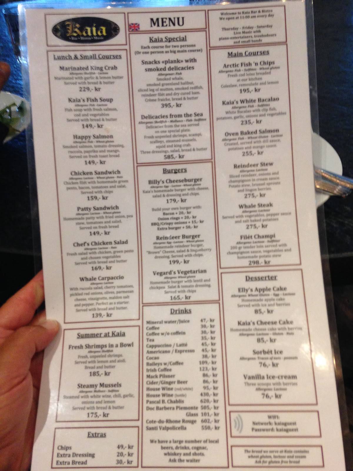 Menu at Kaia pub & bar, Tromsø