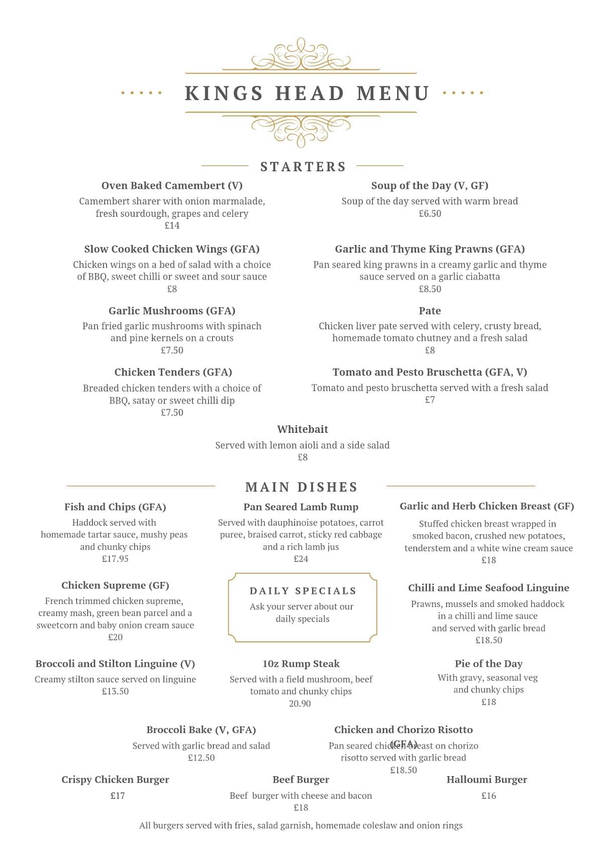 Menu at Kings Head pub & bar, Llandudno