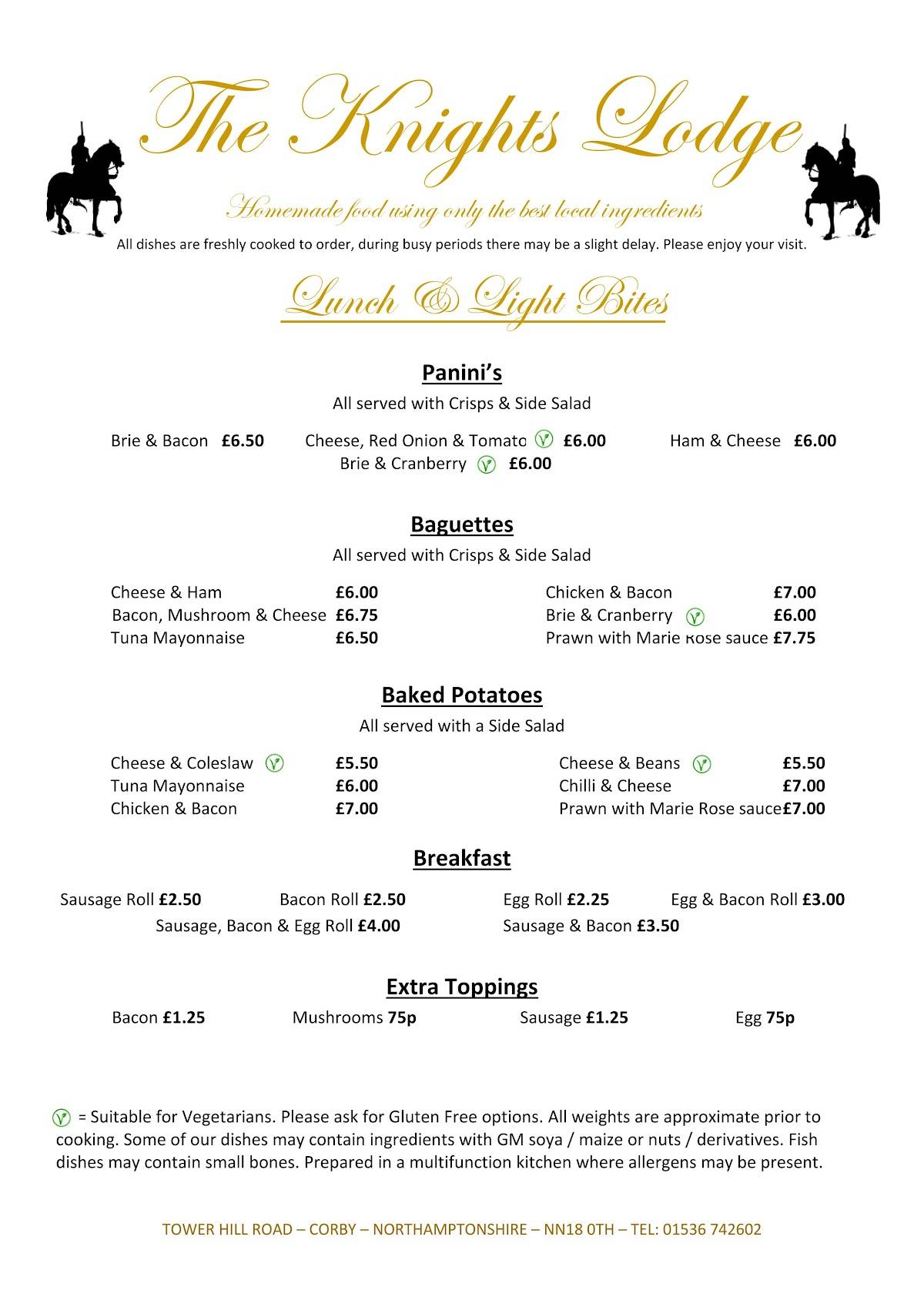 Menu at Knights Lodge pub & bar, Corby, 8 Tower Hill Rd