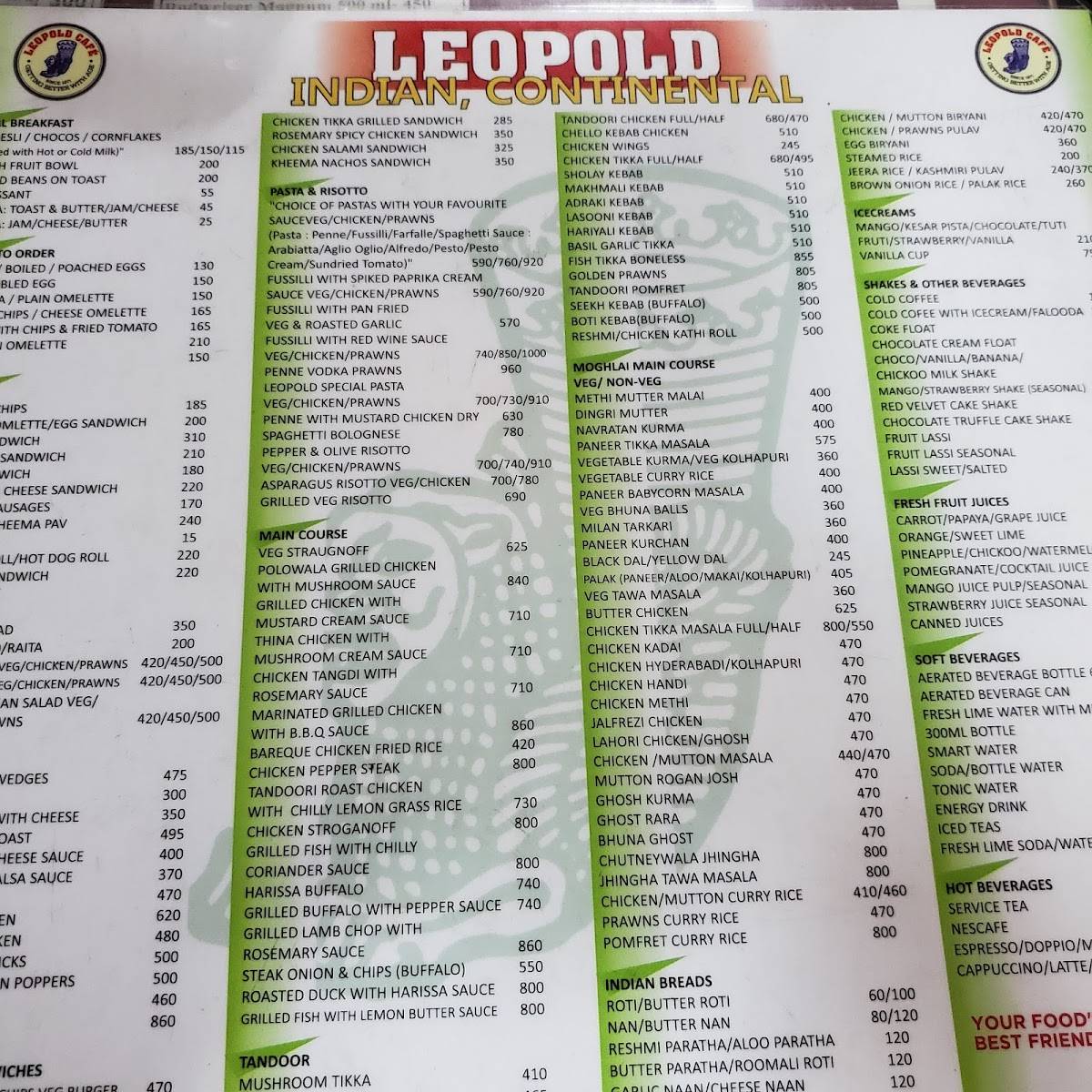 Menu at Leopold Cafe, Mumbai, Police Station