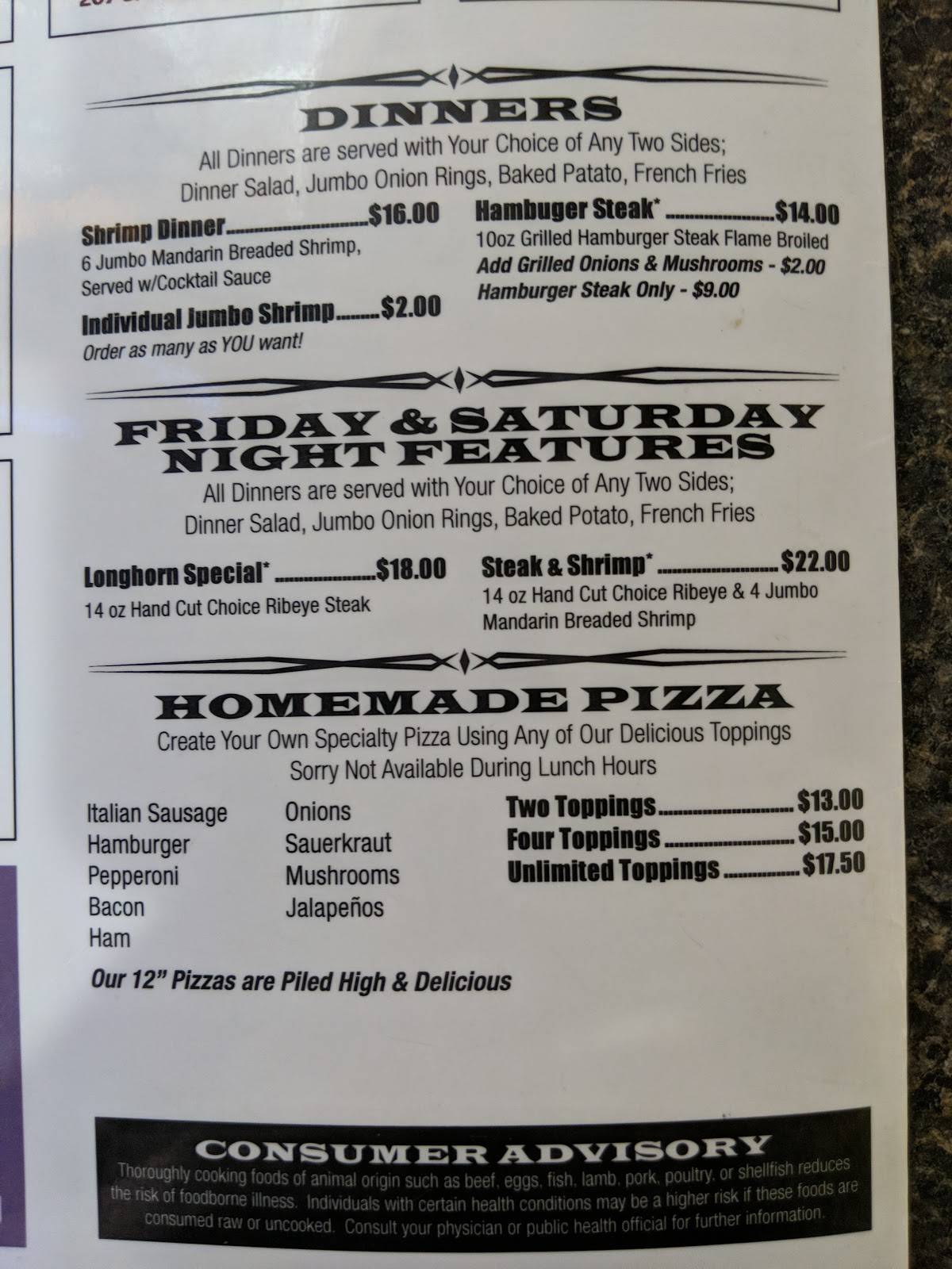 Menu at Longhorn Saloon pub & bar, Barnes City, Broadway St