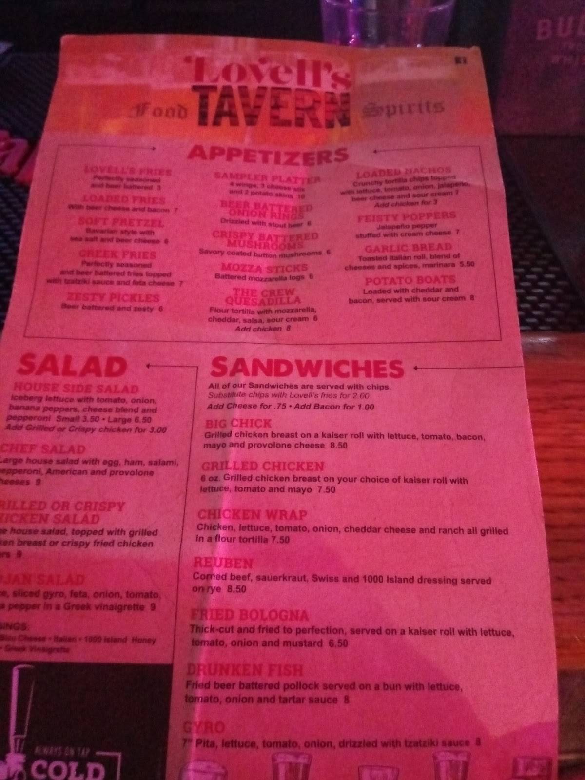 Menu at Lovell's Tavern pub & bar, Columbus
