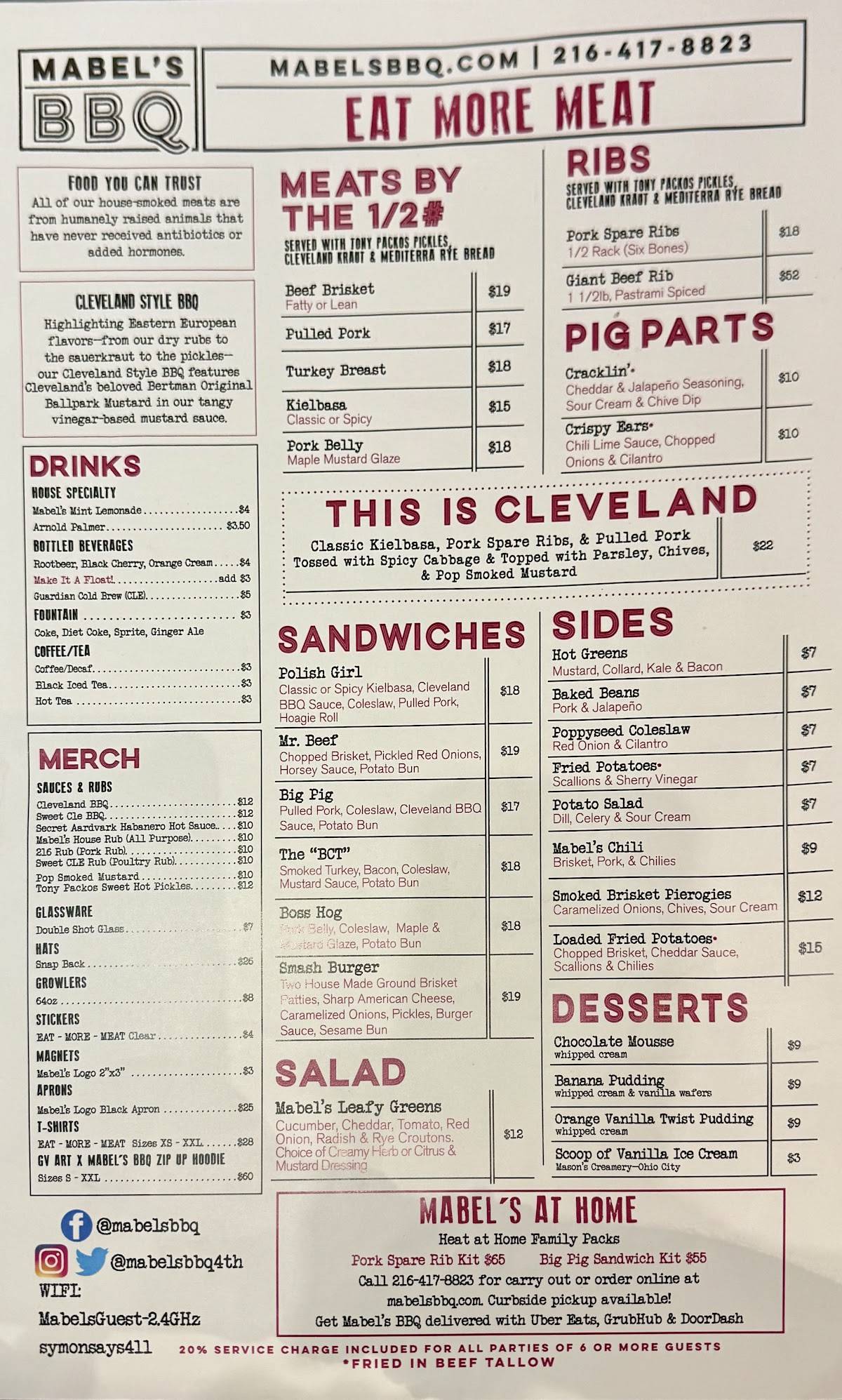 Menu at Mabel's BBQ, Cleveland