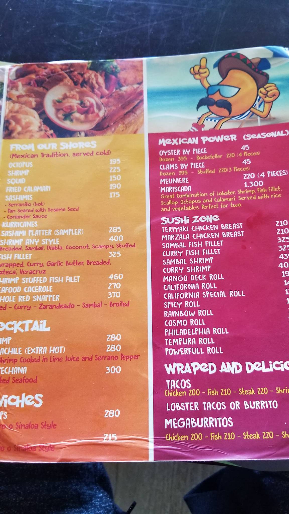 Menu at Mango Deck pub & bar, Cabo San Lucas, Playa El Medano S/N