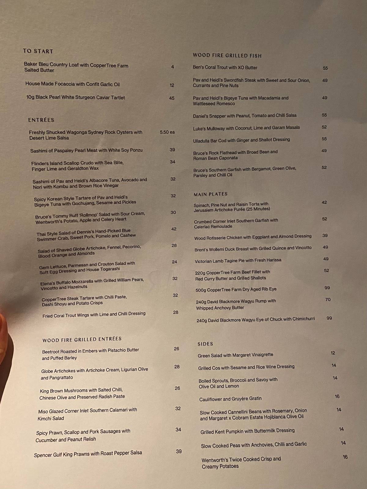 Menu at Margaret restaurant, Double Bay