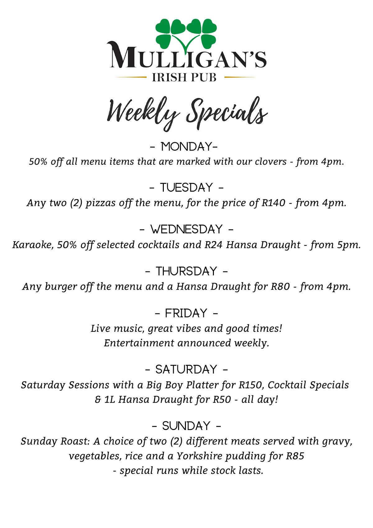 Speisekarte von Mulligan's Irish Pub & Eatery, Durban