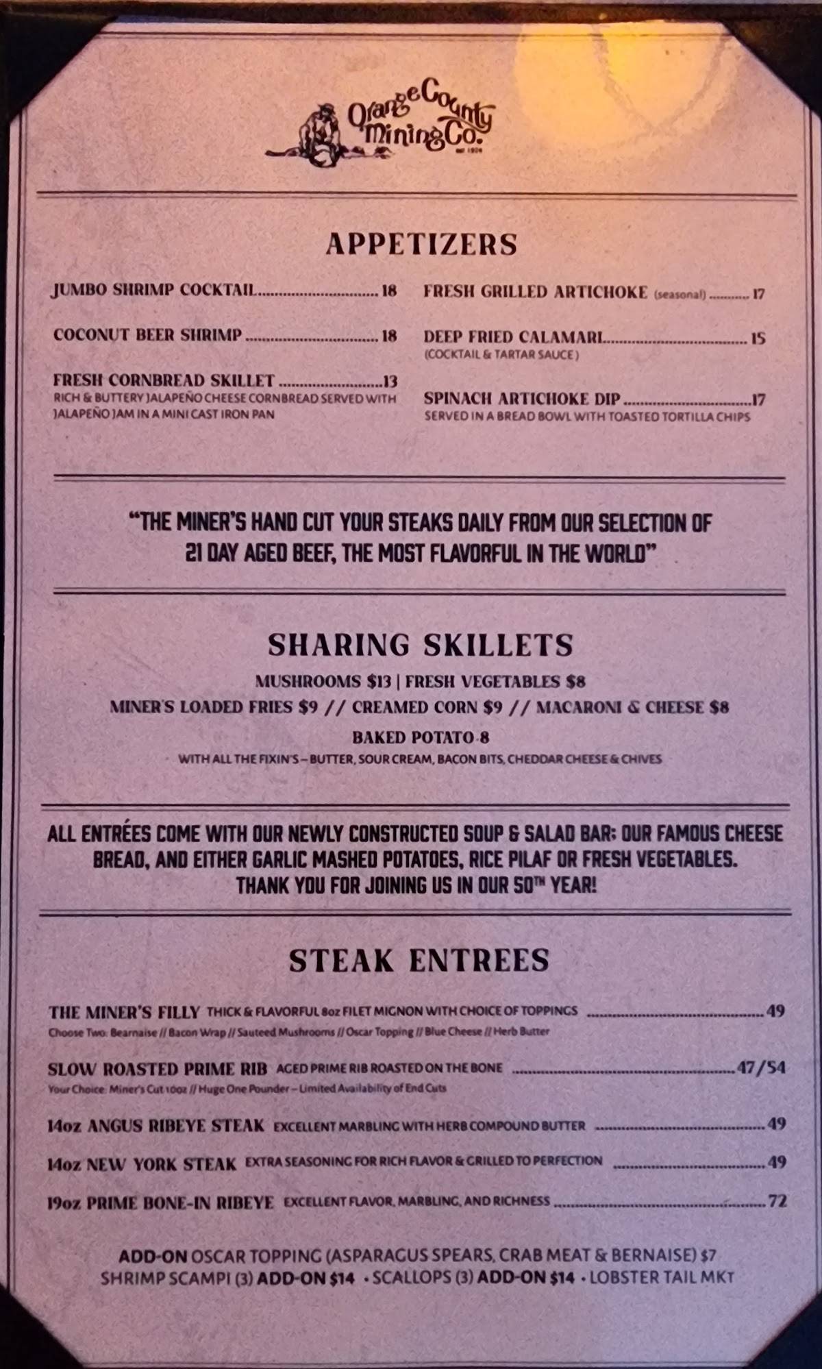 Menu at Orange County Mining Co pub & bar, North Tustin