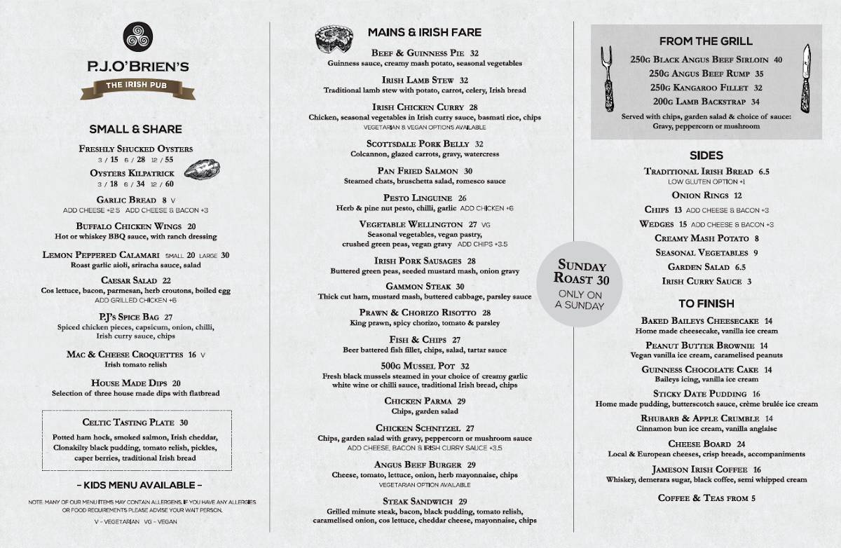 Menu at PJ O'Brien's Irish Pub, Southbank