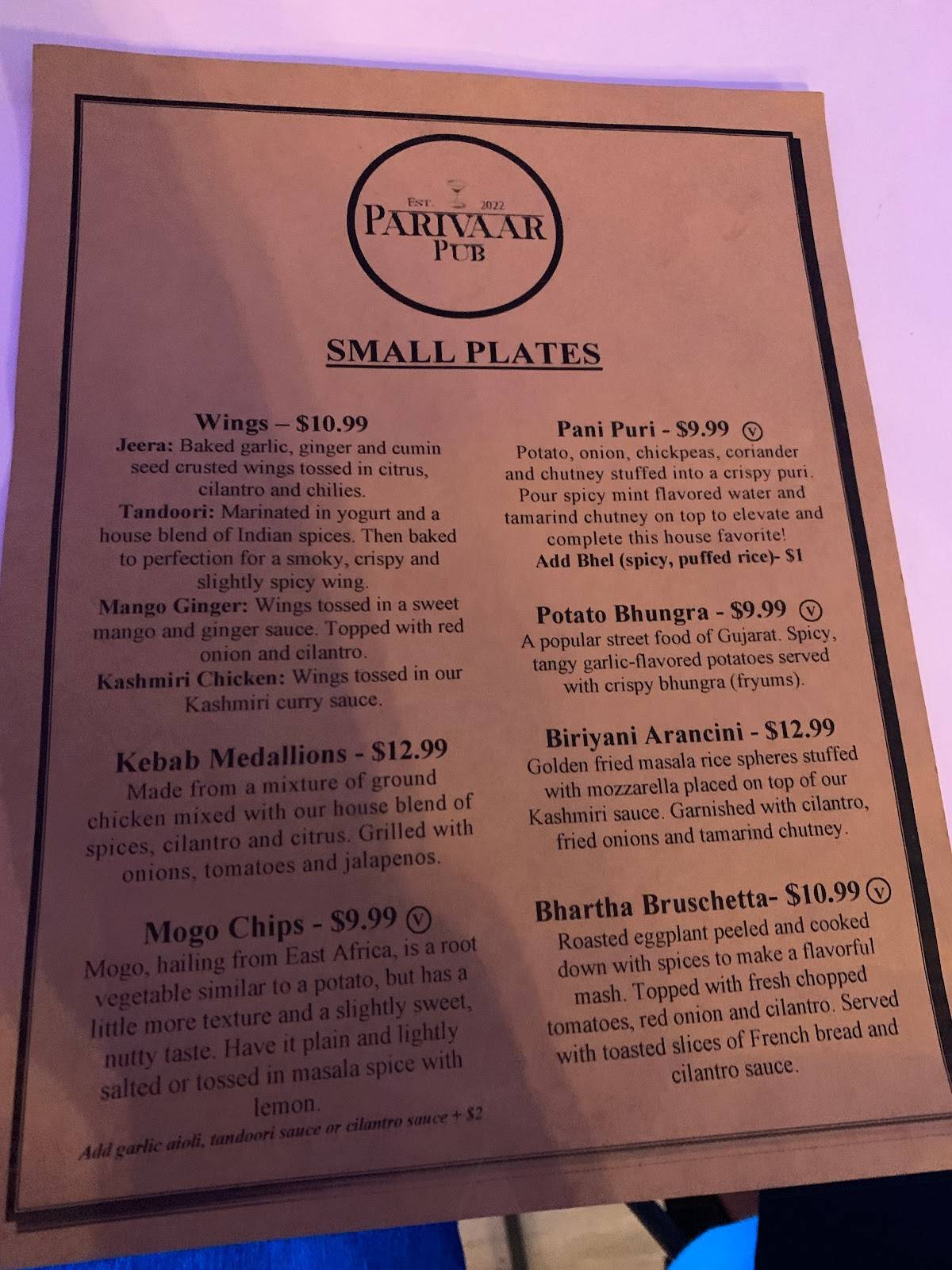 Menu at Parivaar Pub, Buffalo