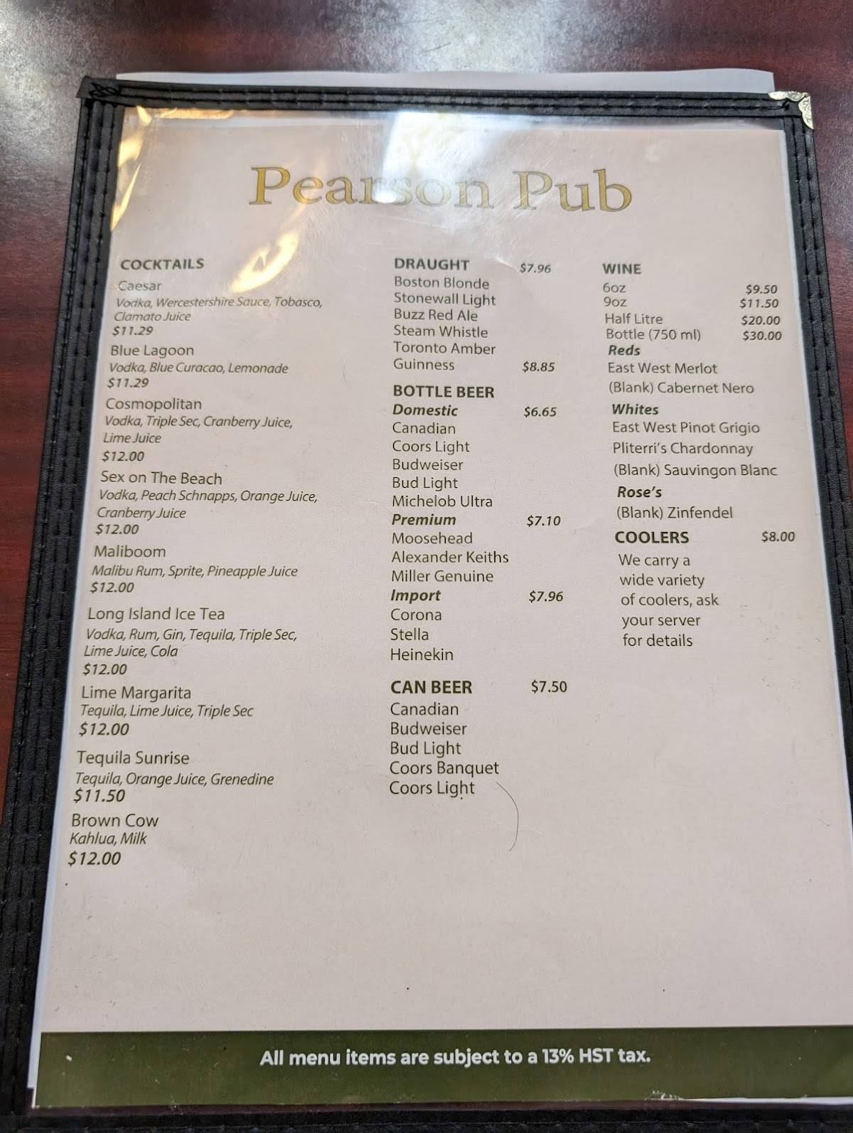 Menu at Pearson Pub, Mississauga