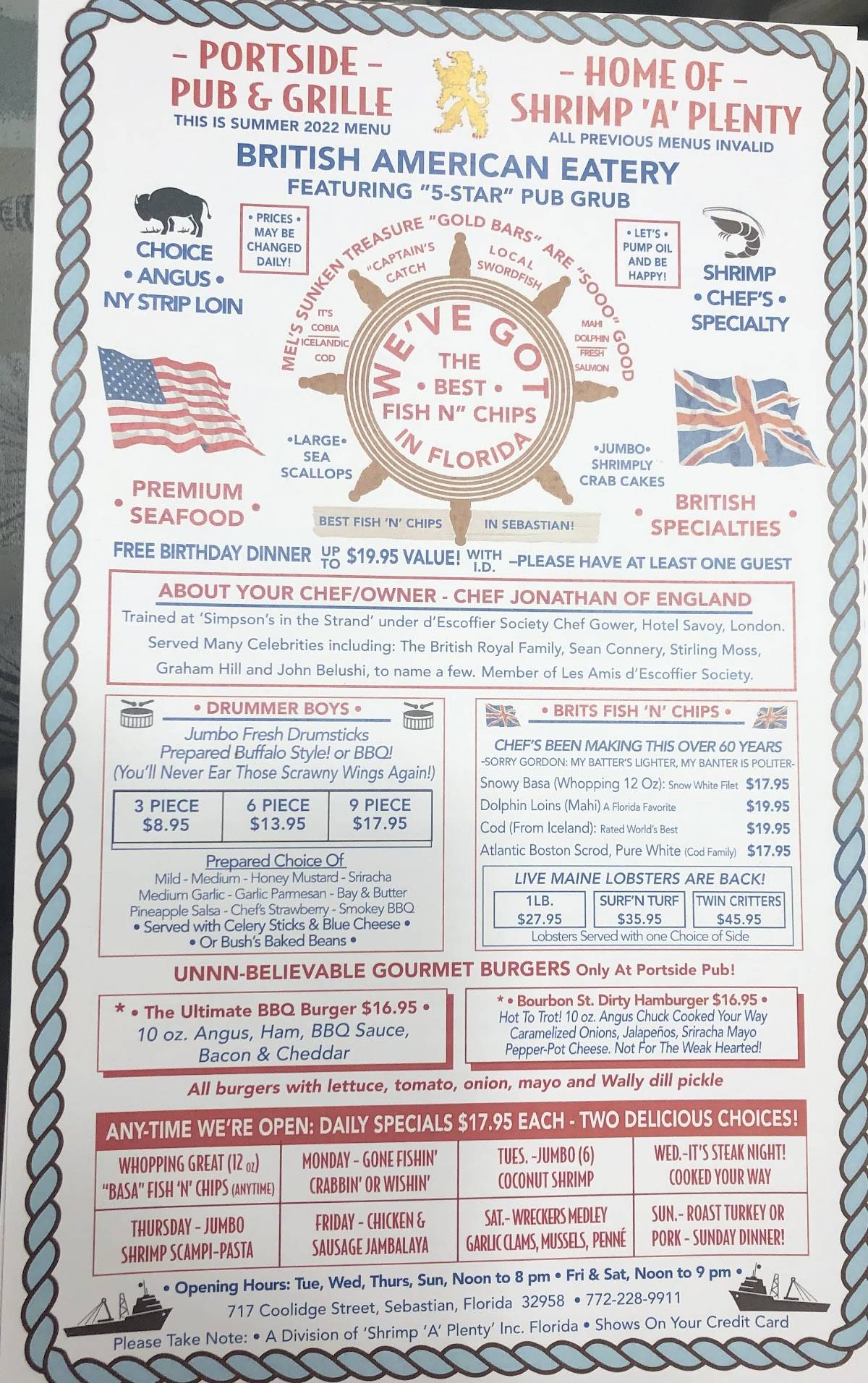 Menu at Portside Pub & Grille, Sebastian