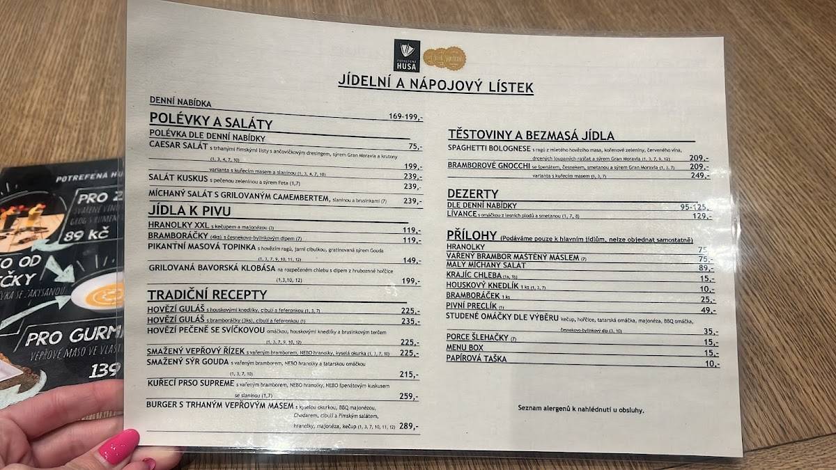 Menu at Potrefená Husa pub & bar, Prague, Hlavní nádraží