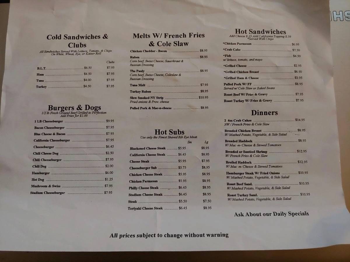 Menu at Pottsville Zone pub & bar, Pottsville