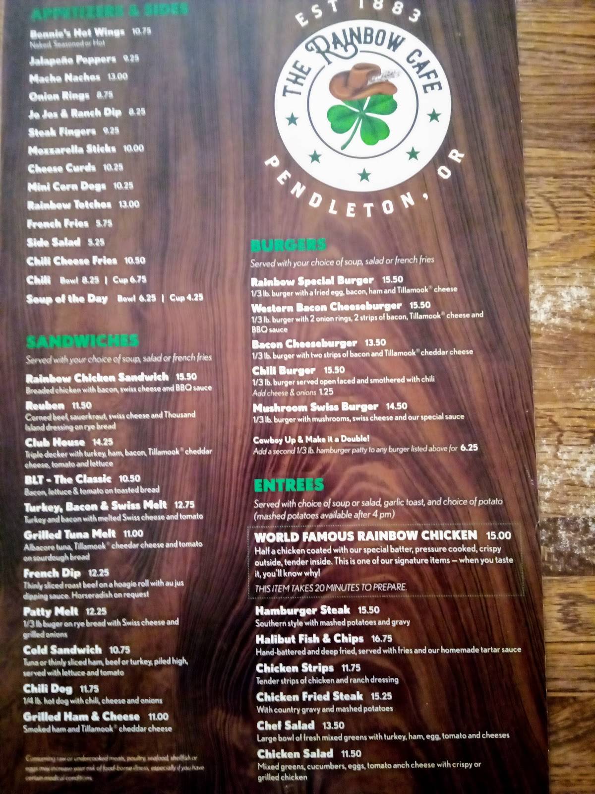 Menu at Rainbow Cafe, Pendleton