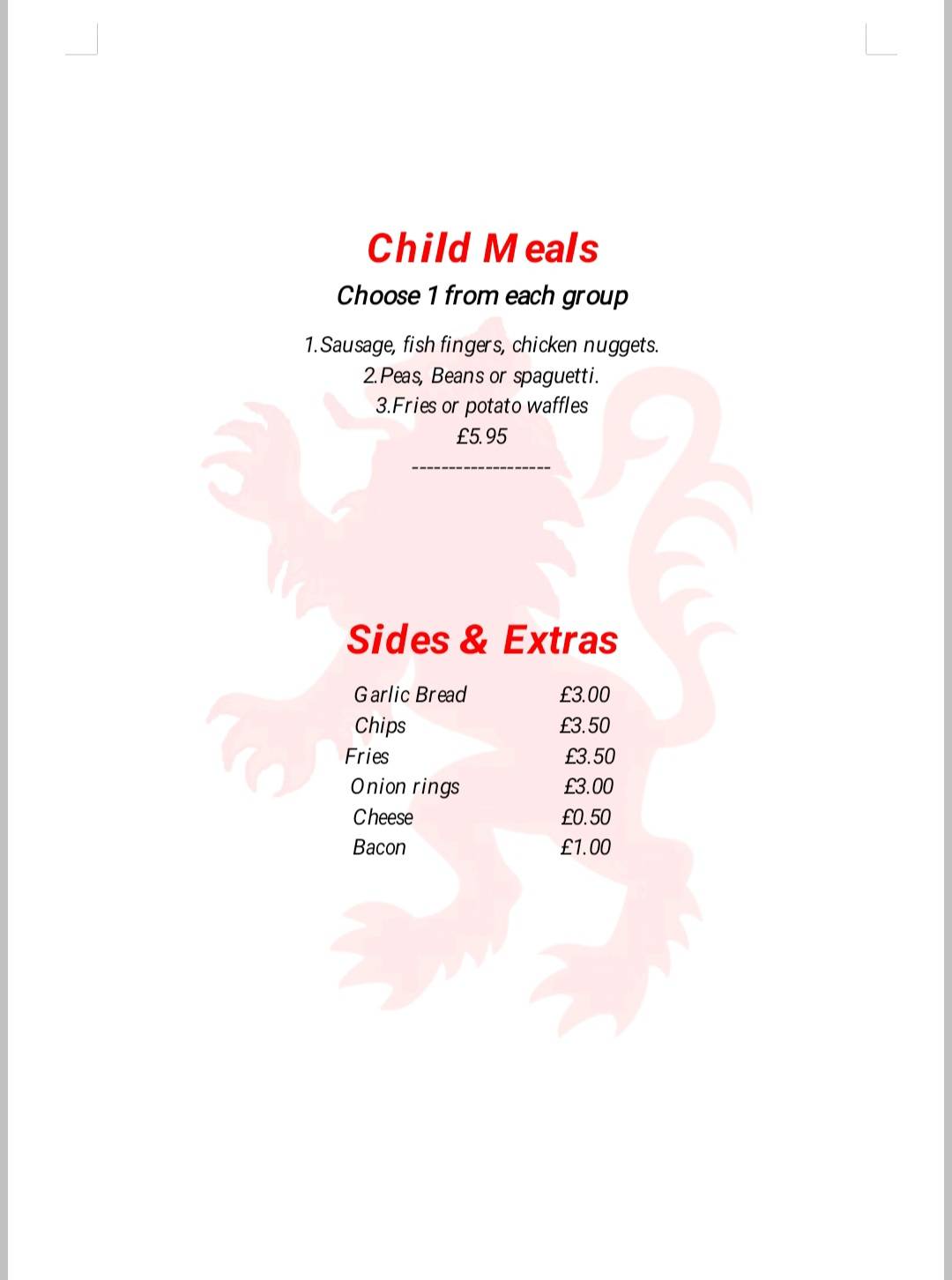 Menu at Red Lion pub & bar, Leek, 37 Cheadle Rd