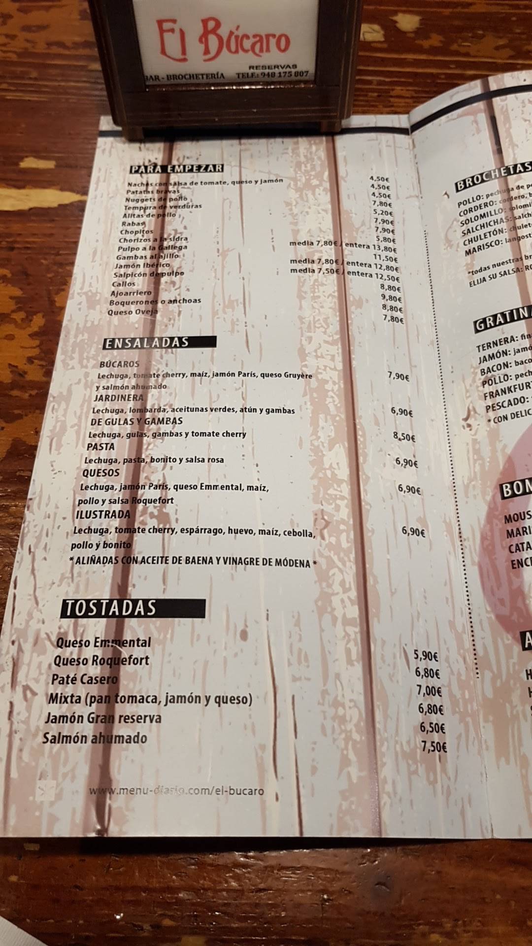 Carta de Restaurante El Bucaro, Pamplona