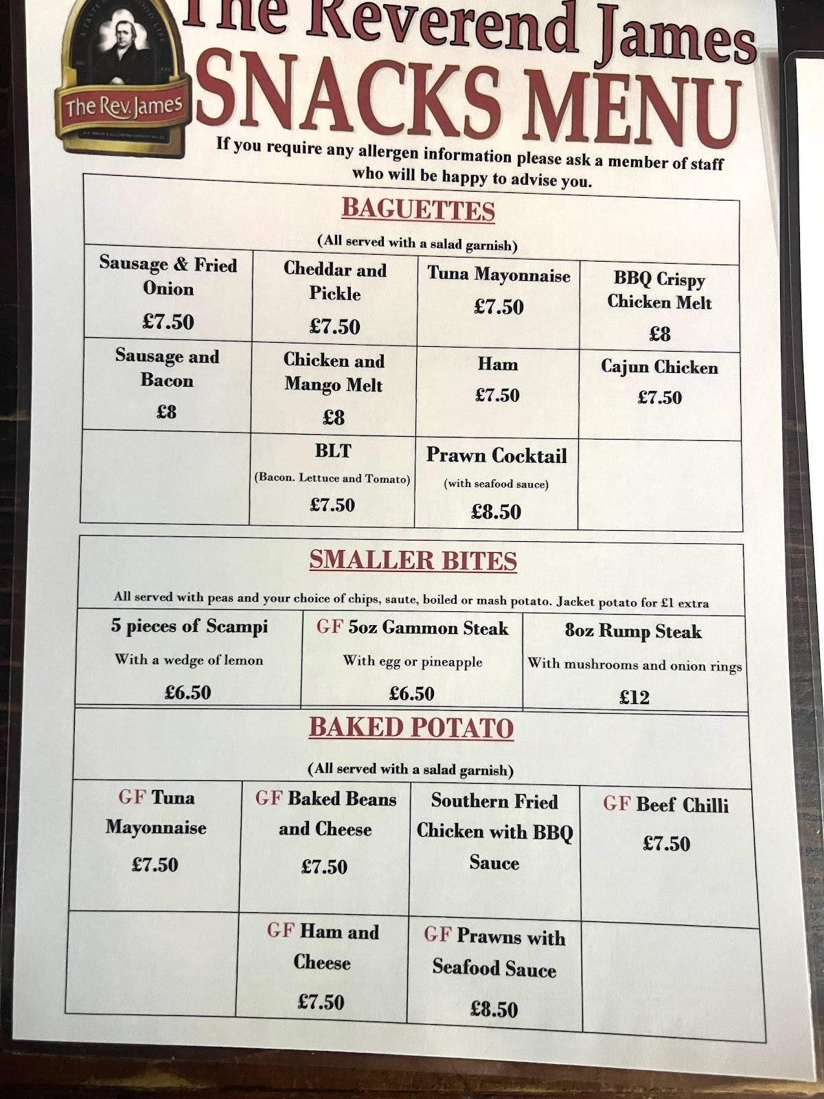 Menu at Reverend James pub & bar, Bynea
