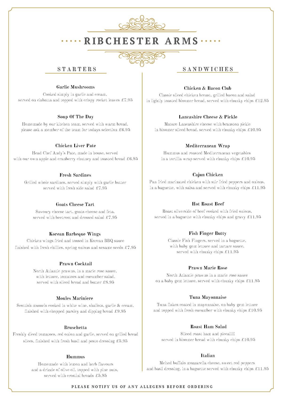 Menu at Ribchester Arms pub & bar, Ribchester, Blackburn Rd