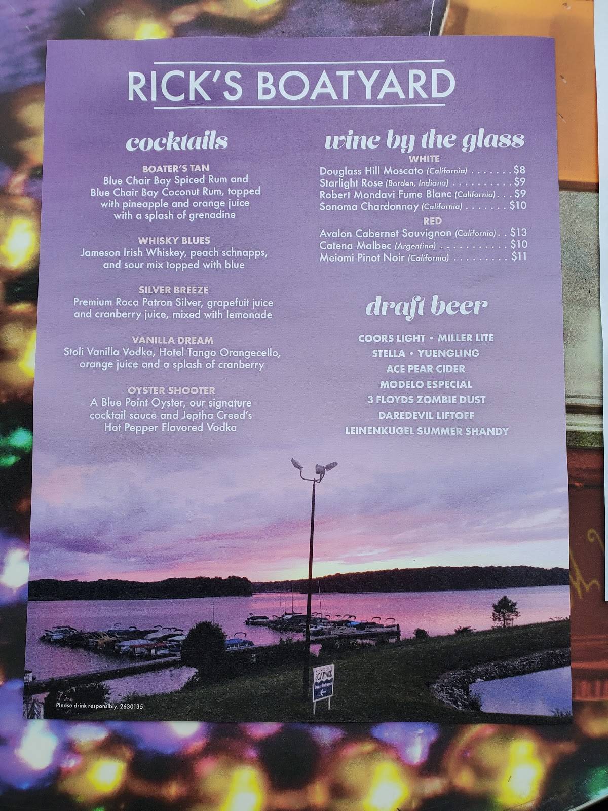 Menu at Rick's Café Boatyard pub & bar, Indianapolis